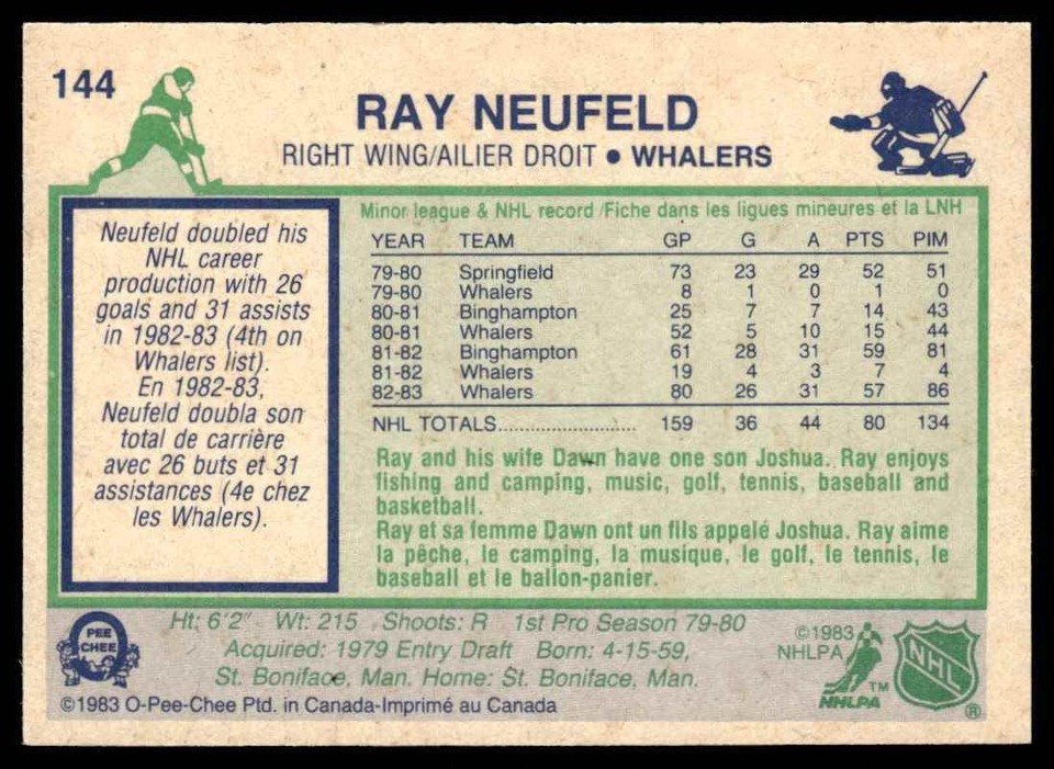 1983-84 O-Pee-Chee Ex Ray Neufeld Rookie Hartford Whalers #144 | eBay