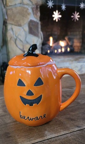 Rae Dunn Pumpkin Beware Mug With Topper Lid Figural Large Oversized NEW ...