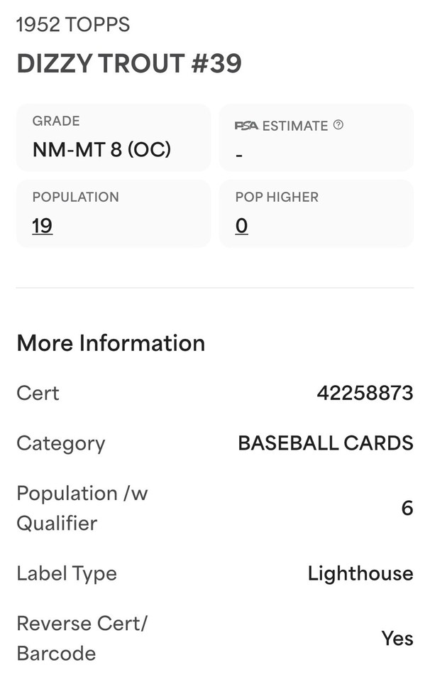 1952 Topps (Dizzy Trout - Tigers - #39) PSA 8 (OC) - POP 19 | eBay