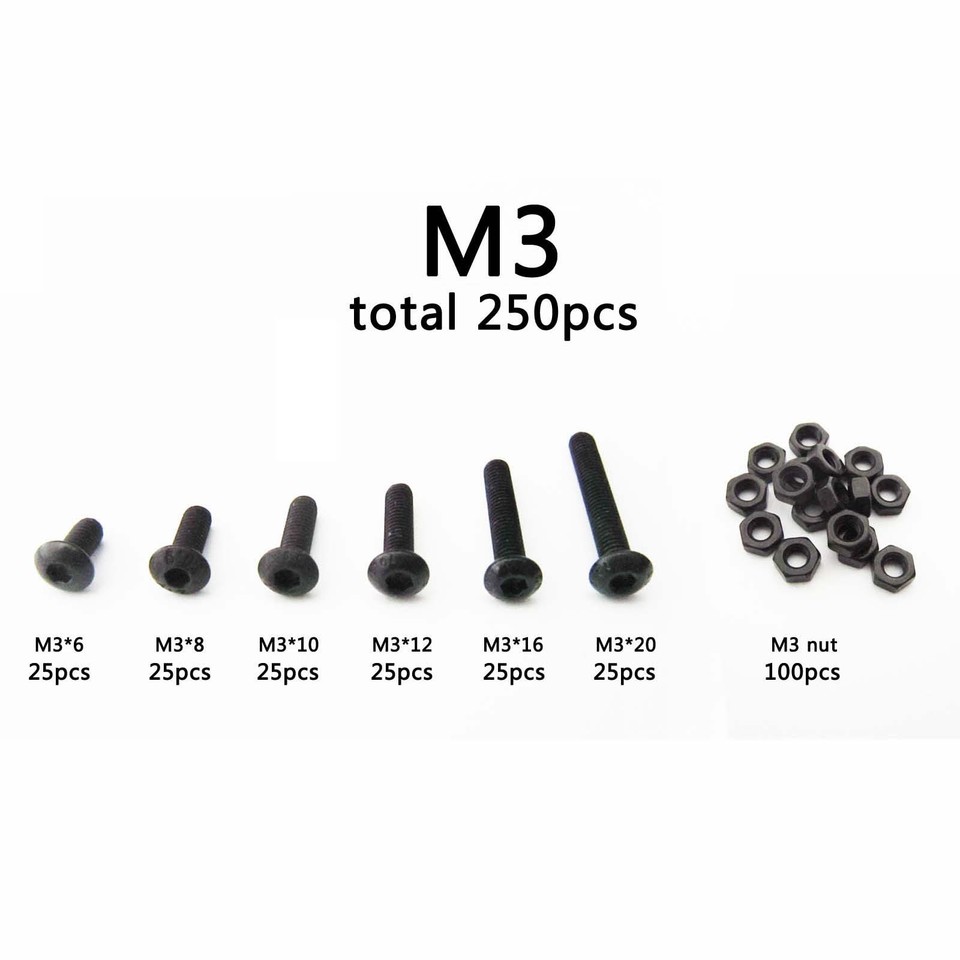 250pcs Assortment Kit Metric Thread M3 Button Head Hex Socket Cap Screw ...