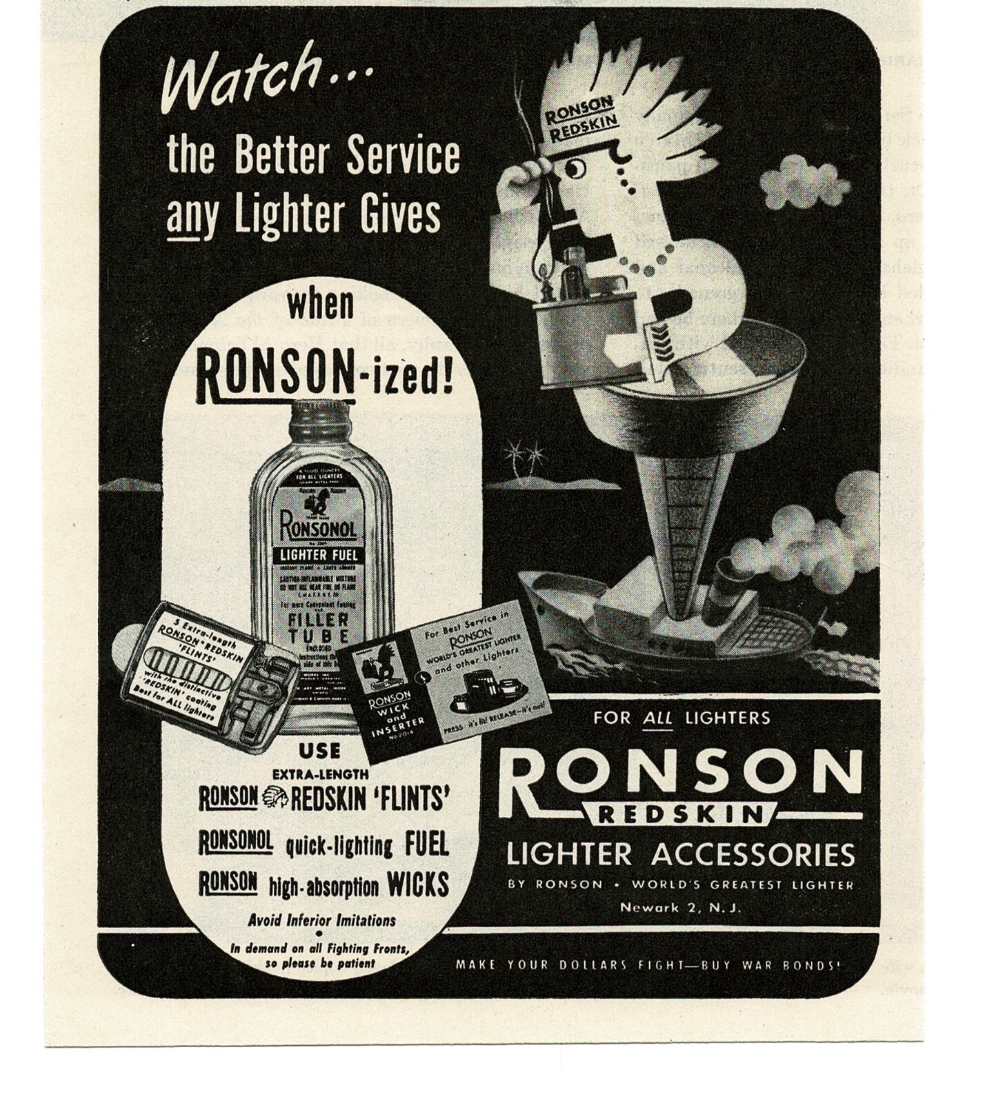 1945 Ronson Cigarette Lighter Fluid Redskin Flints WWII Buy War Bonds ...