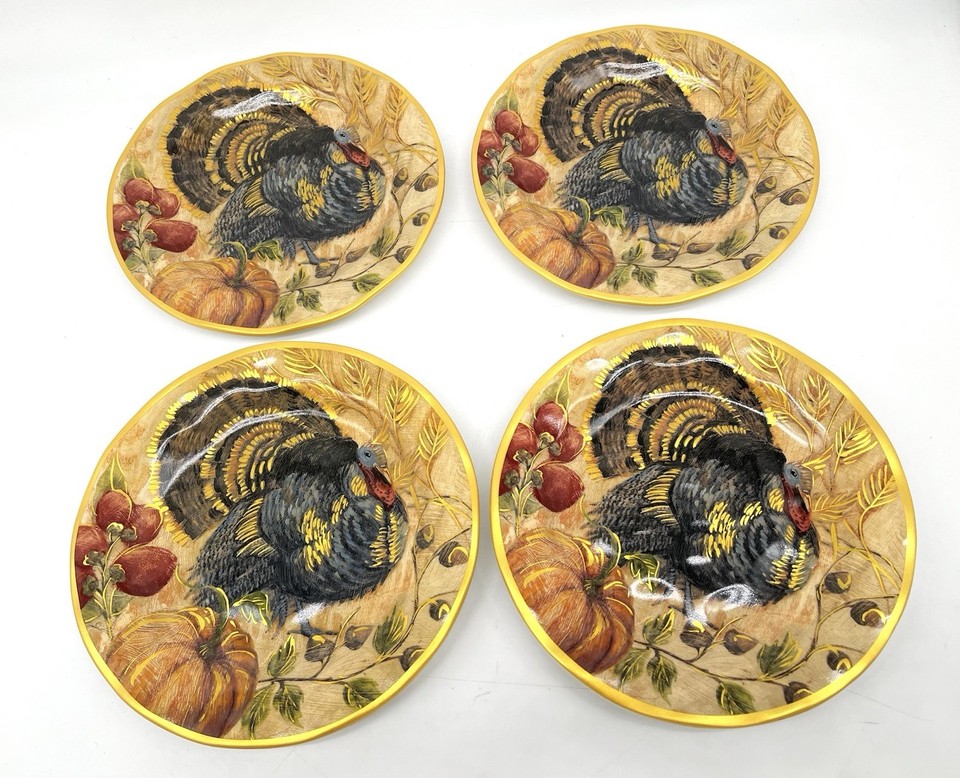 Pottery Barn Fresco Turkey Plates Set Of 4 Salad Plates 9” Thanksgiving ...
