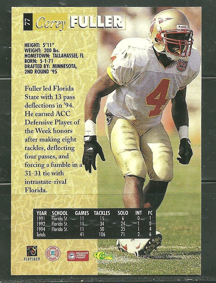 1995 CLASSIC FOOTBALL COREY FULLER #77 | eBay