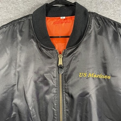 VTG US Marines Jacket Mens XL Black Bomber Nylon Orange Lining Back ...