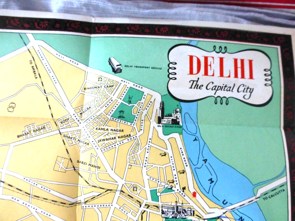 VINTAGE ILLUSTRATED MAP MAPS DELHI HOSPITALS CLUBS CINEMAS AIRLINES ...