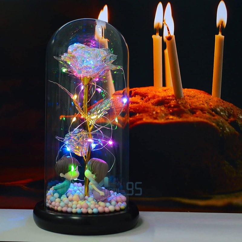 Rainbow Rose In Glass Crystal Flower Dome Rose LED Light Up Rose ...