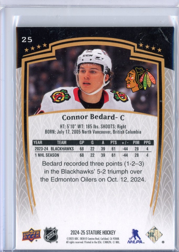 2024-25 Upper Deck Stature Connor Bedard #25 Blackhawks | eBay