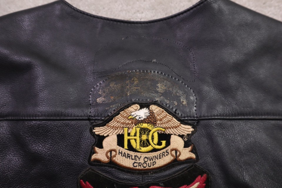 Harley Davidson Vest Mens XL Leather Black HOG Patches Pins | eBay