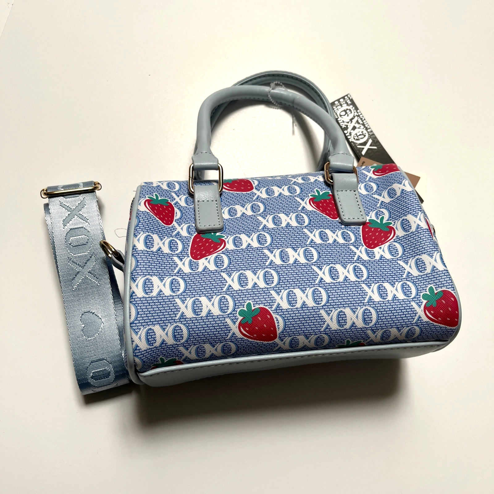 NWT XOXO Barrel Satchel Bag Blue Strawberry Print Crossbody Purse Vegan ...