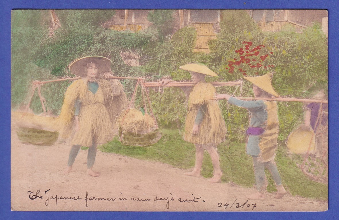 Japan 1907 old colored postcard Japanese farmers mailed from MOJI to ...
