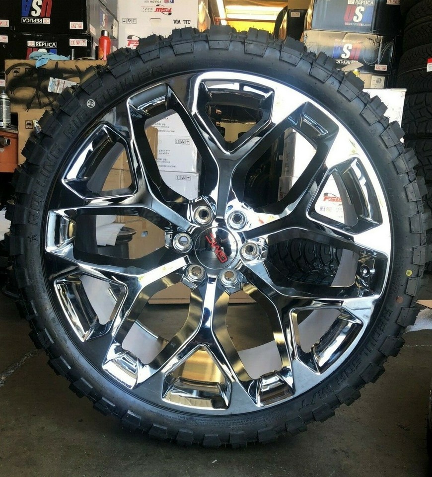 26'' Snowflake Chrome Wheels 33'' MT Tires GMC Yukon Silverado Tahoe ...