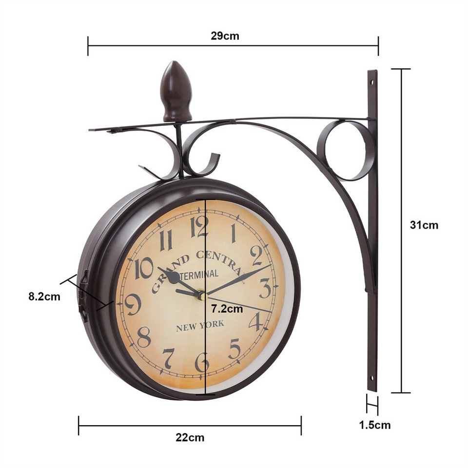 Double Sided Garden Train Station Wall Clock Indoor Outdoor Arabic Rust ...