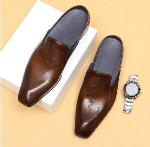 Men Real Leather Carving Square Toe Business Shoes Backless Slippers ...