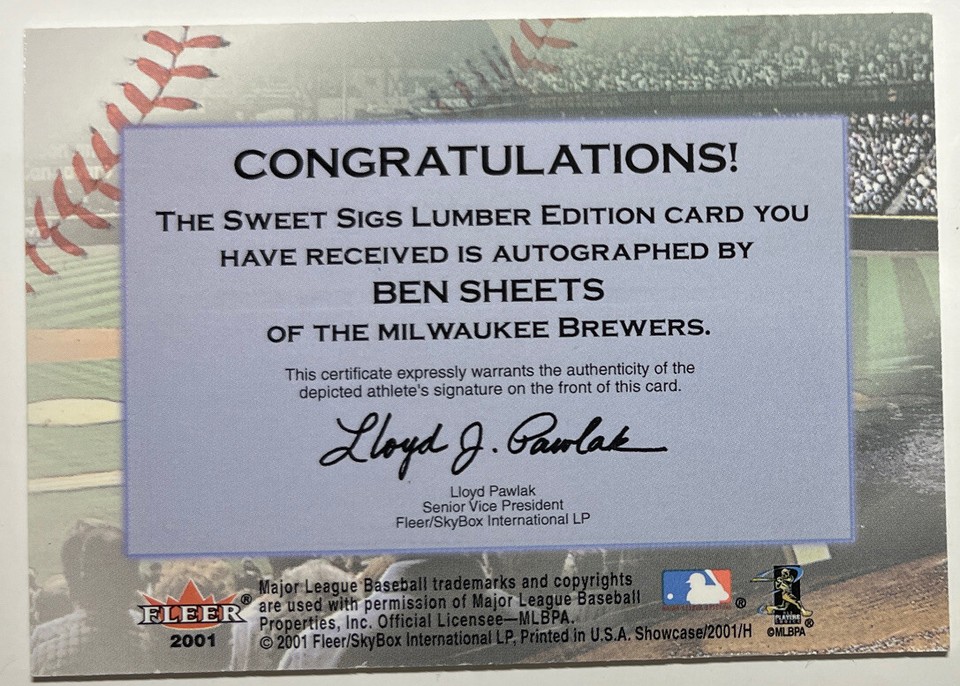 2001 Fleer Showcase Sweet Sigs Lumber Ben Sheets Auto Autograph ...