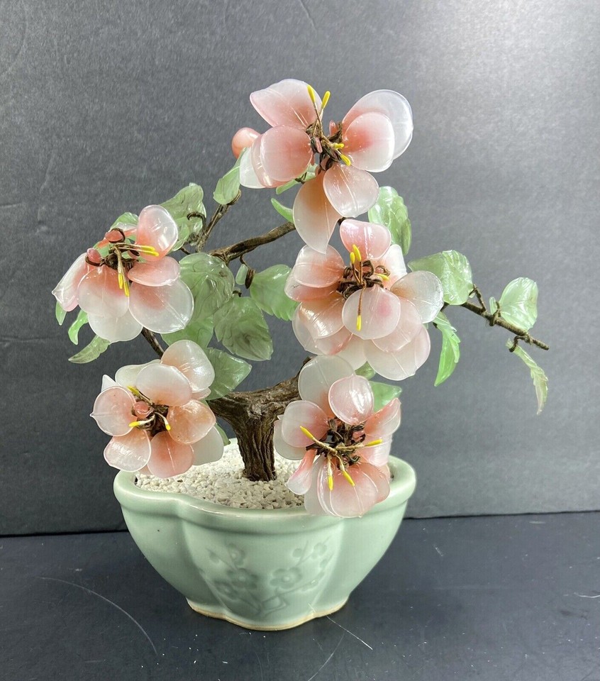 Vintage Jade Glass Bonsai Tree Cherry Blossom Celadon Color Pot | eBay