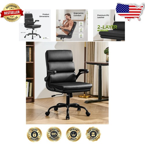 Mid Back Black Office Chair with Padded Flip-Up Arms and Superior Back ...