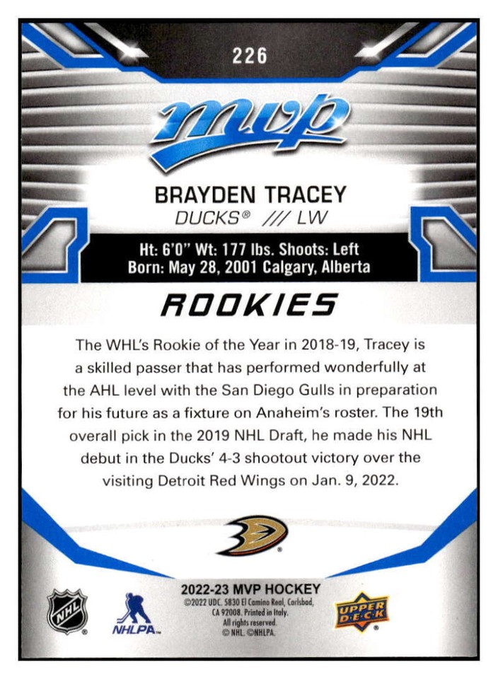 Brayden Tracey RC 2022-23 Upper Deck MVP Blue Script #226 ROOKIE NHL Du ...