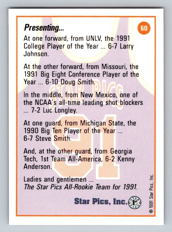1991 Star Pics All-Rookie Team/L.Johnson/D. Smith/Longley/S.Smith/K ...