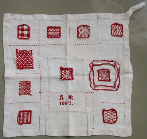 1892 ANTIQUE RED DUTCH DARNING MENDING SAMPLER NEEDLEWORK SIGNED 'A K ...