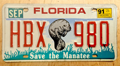 1991 FLORIDA SAVE THE MANATEE SEA COW GRAPHIC LICENSE PLATE " HBX 980 ...