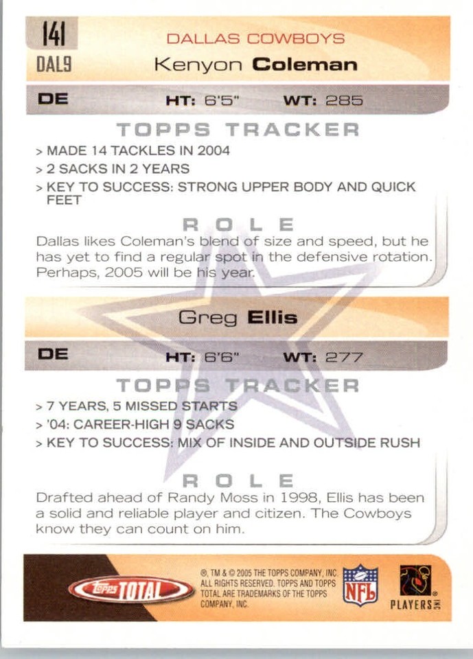 2005 Topps Total SILVER #141 Greg Ellis, Kenyon Coleman - Dallas ...