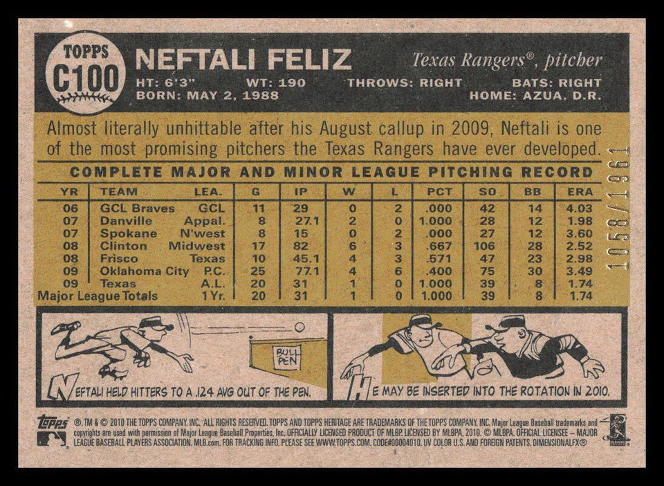 2010 Topps Heritage Neftali Feliz Chrome #'d /1961 C100 Texas Rangers ...
