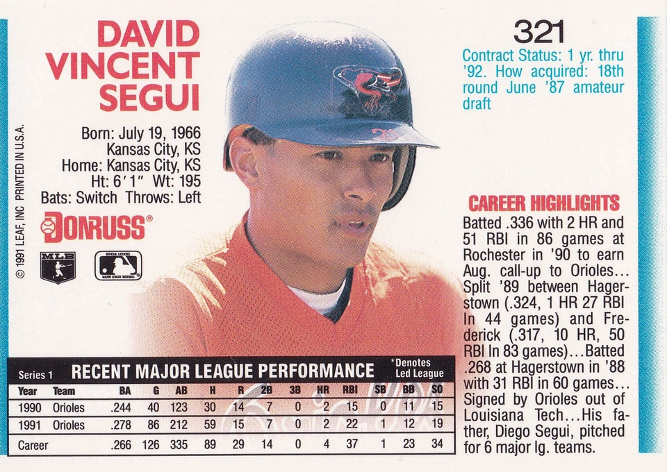 1992 Donruss #321 David Segui MLB Baltimore Orioles + (Yes 4 Free ...