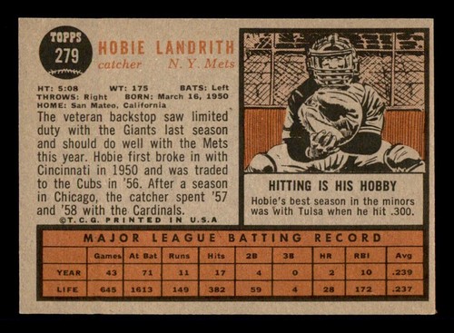 1962 Topps Baseball #279 Hobie Landrith EX+ | eBay