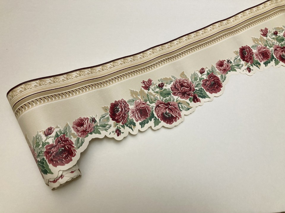 Burgundy Red Roses Flower Floral Sculptured Die Cut Cream Wallpaper ...