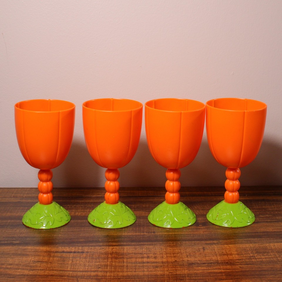 Vintage 4 Pc Set Halloween 7" Plastic Goblets Cups Pumpkin Faces Orange ...