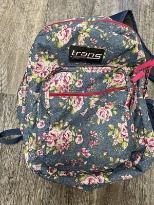 Jansport Trans Backpack Supermax Floral Blue Pink Roses School Travel ...