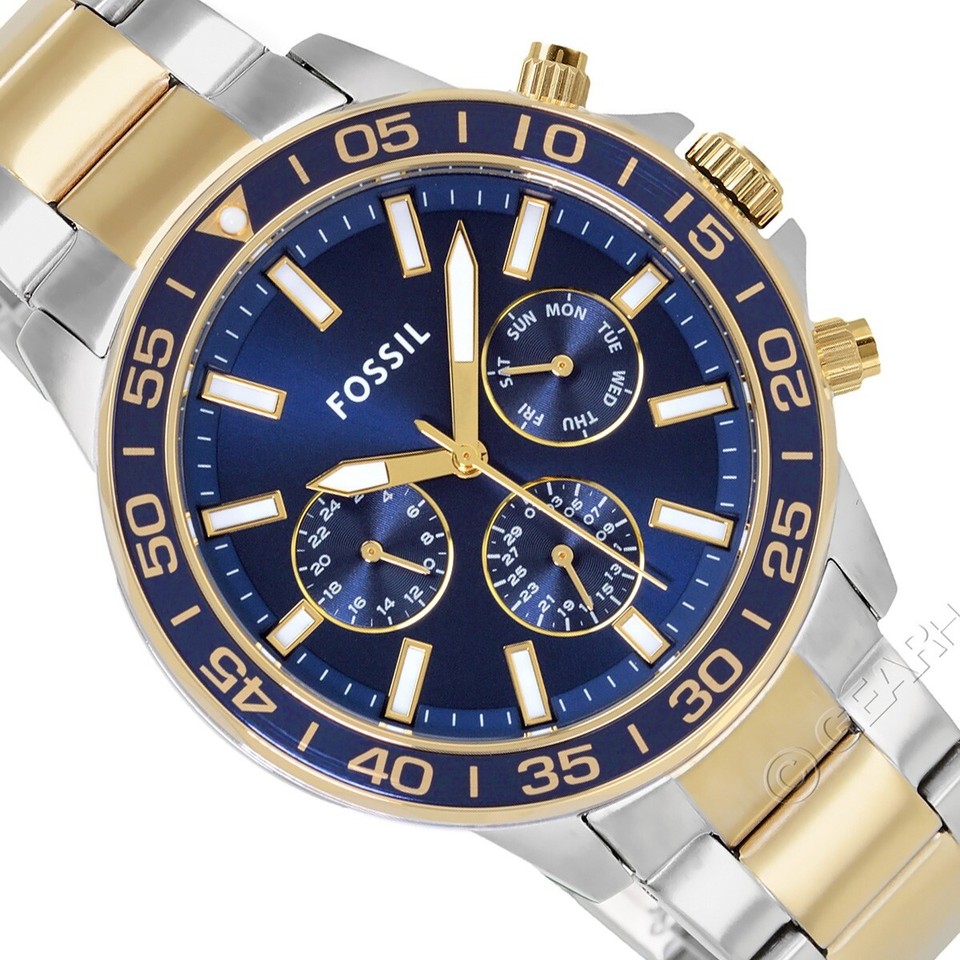 FOSSIL Bannon Mens Multifunction Blue Dial Watch Two-Tone Gold Silver ...