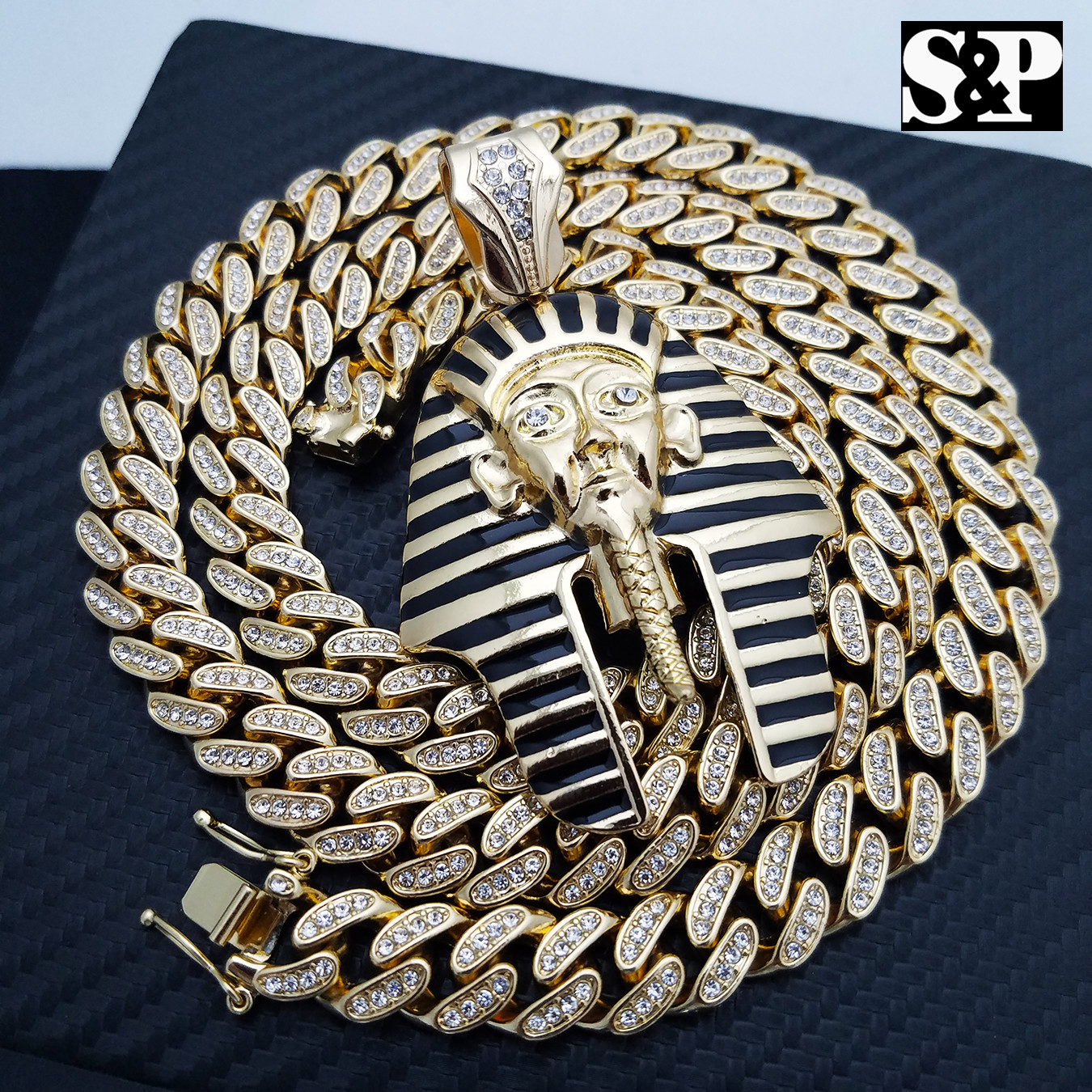 Hip Hop Egyptian Pharaoh Pendant & 12mm 24" Full Iced Cuban Link Chain ...