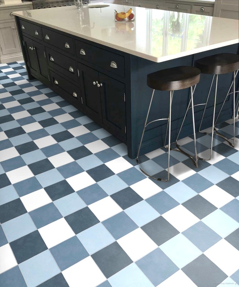 Blue & White Checkerboard Sheet Vinyl Flooring Lino Roll in Tile Effect ...