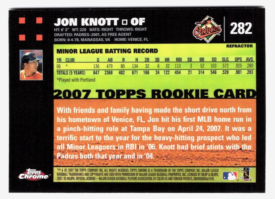 2007 Topps Chrome Jon Knott Rookie/RC Refractor Baltimore Orioles #282 ...