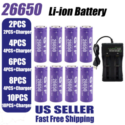 26650 Battery 3.7V Rechargeable Li-Ion Battery Batteries LOT With 2 ...