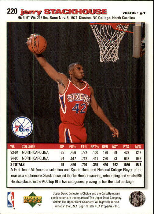 1995-96 Collector's Choice 76ers Basketball Card #220 Jerry Stackhouse ...