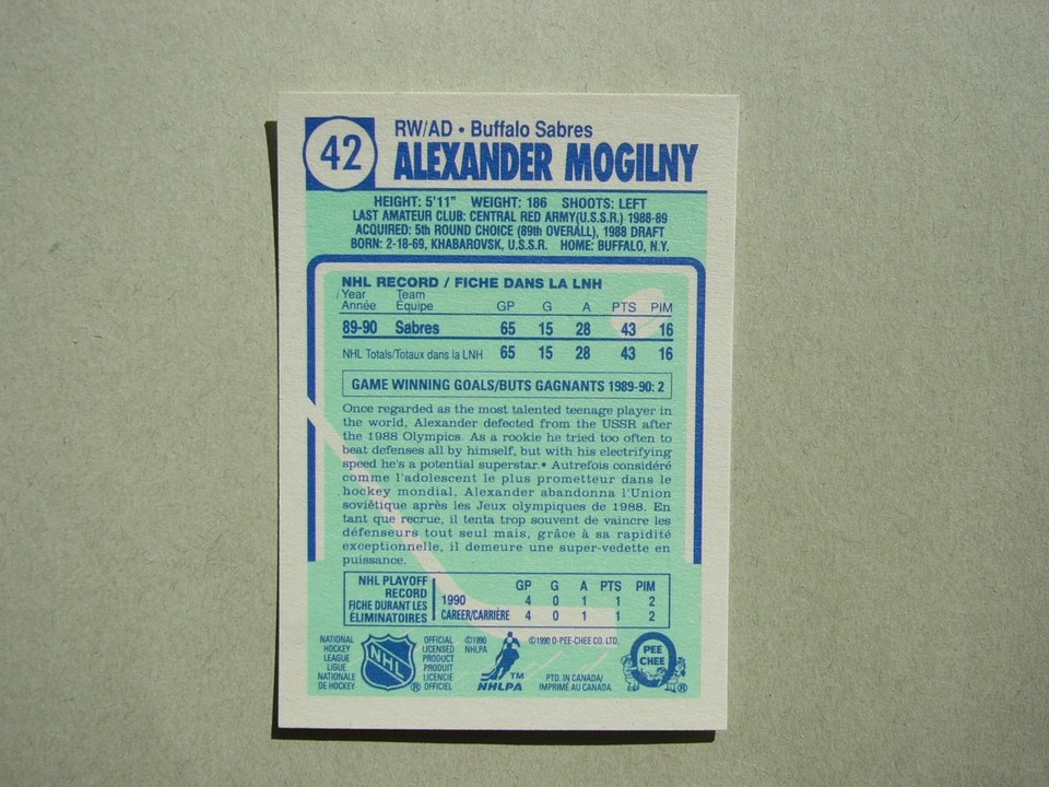1990/91 O-PEE-CHEE NHL HOCKEY CARD #42 ALEXANDER MOGILNY ROOKIE NM ...