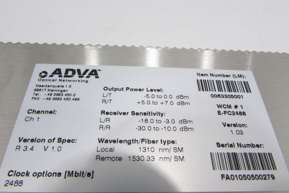 Adva 0063305001-1.03 WCM #1 E-FC2488 card for the ADVA FSP-3000 1y ...