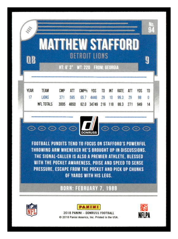 2018 Donruss #94 Matthew Stafford Season Stat Line #/99 | eBay