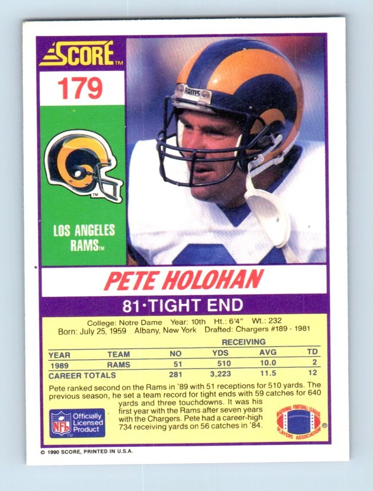 1990 Score Pete Holohan Los Angeles Rams #179 | eBay