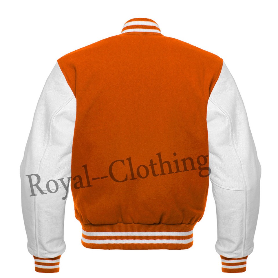 Premium Varsity Letterman Baseball Jacket Orange Wool & Genuine Leather ...
