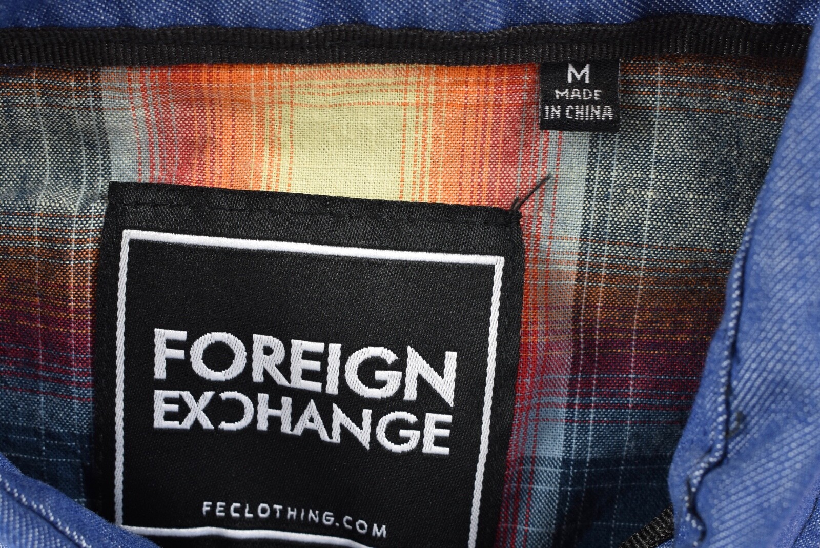 Mens FOREIGN EXCHANGE Plaid Denim Patches Long Sleeve Shirt Button ...