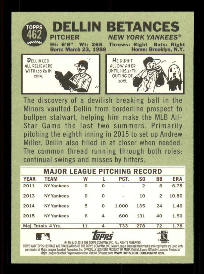 2016 Topps Heritage #462 Dellin Betances (SP/Short Print) Yankees z | eBay