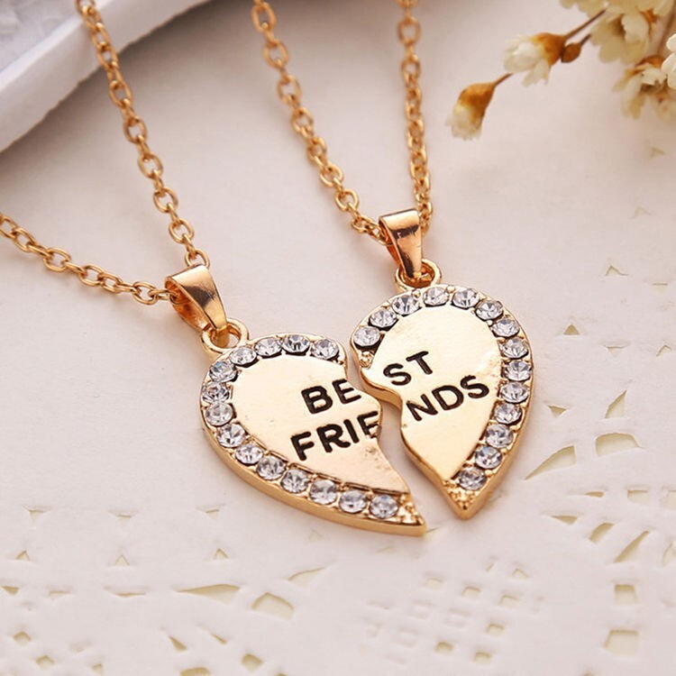 Best Friend Gift Heart Rhinestone Gold Silver 2 Pendants Necklace Bff ...
