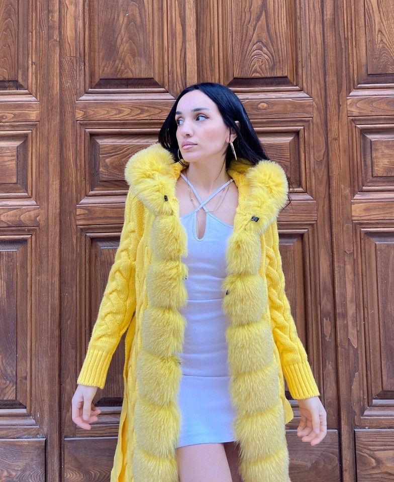 Knitwear Real Fox Fur Maxi Women Winter Cardigan Lemon Standard Size ...