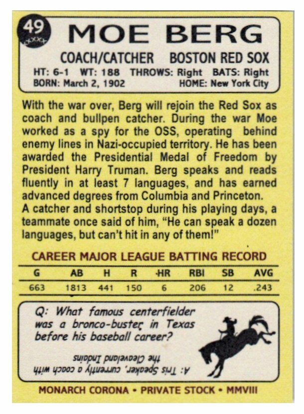 Moe Berg Boston Red Sox / WW2 spy / MC Private Stock #49 / FREE SHIP ...