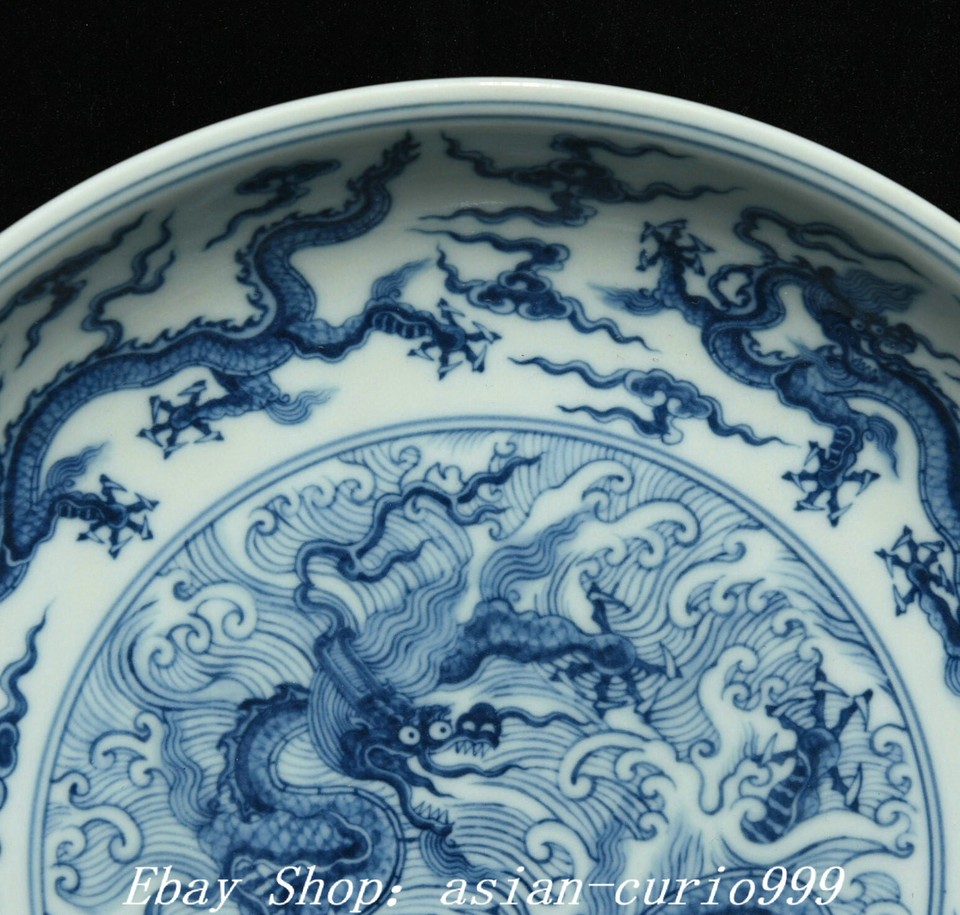 9.8"Ming Chenghua Blue White Porcelain Dragon Loong Beast Animal Tray ...