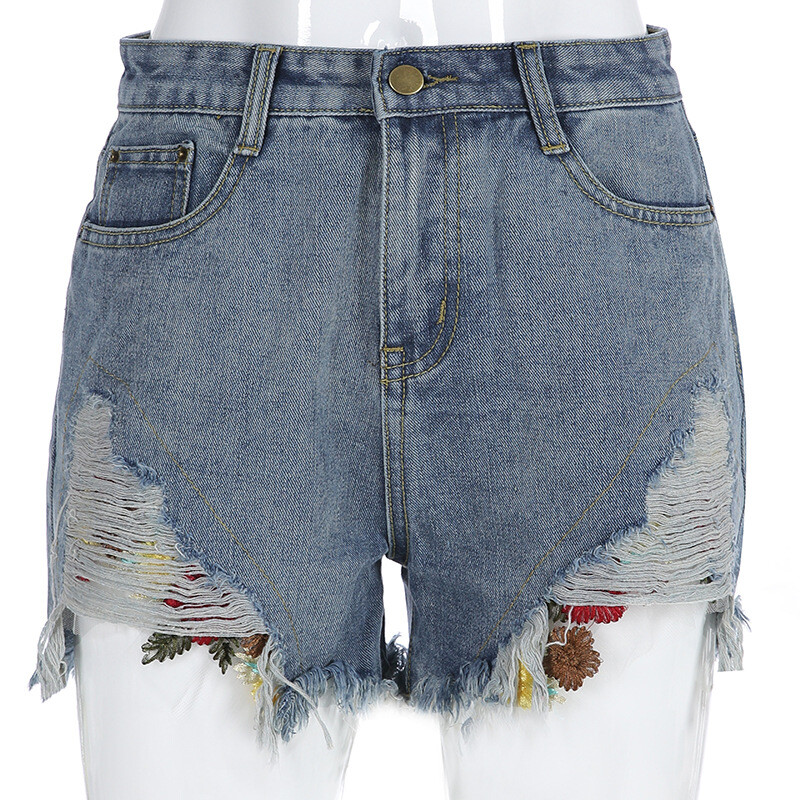 Women Summer Ripped Denim Jeans Shorts w/Floral Frayed Raw Hem Casual ...