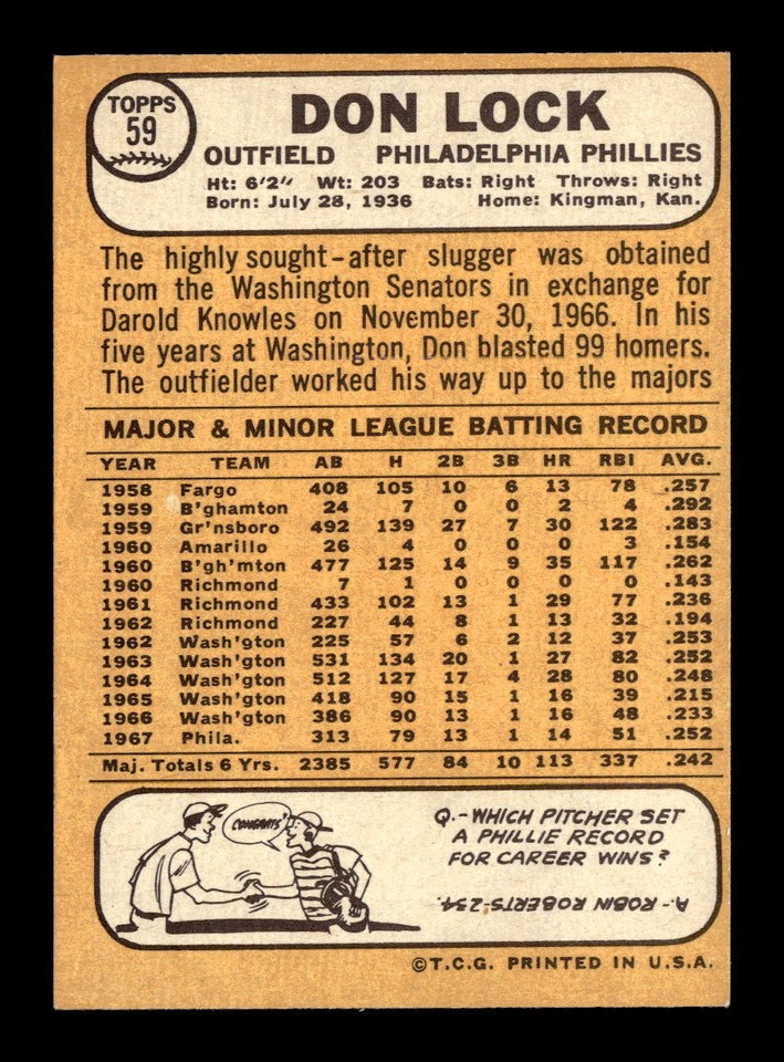1968 Topps #59 Don Lock Philadelphia Phillies VG-EX Baseball Card *F587 ...